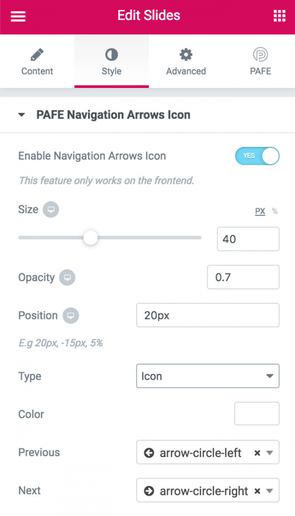 Navigation Arrows Icon, Advanced Dots Styling - PAFE